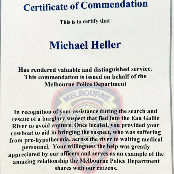 Melbourne Police Recognizes Michael Heller with Certificate of ...
