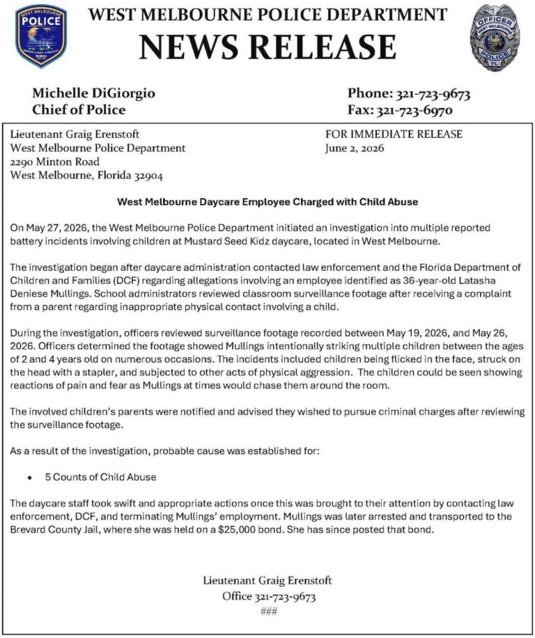 West Melbourne Police Charge Daycare Employee With Striking Multiple ...